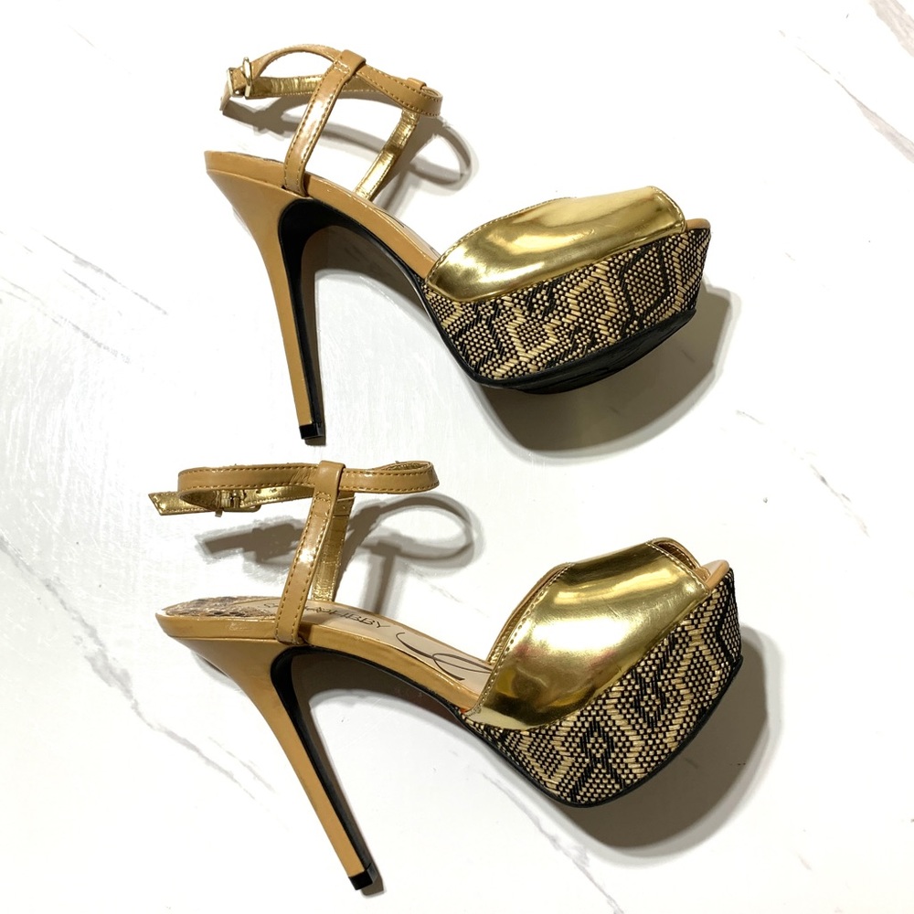 New Sam & Libby Patent Gold Pattern Platform High Hee… - Gem